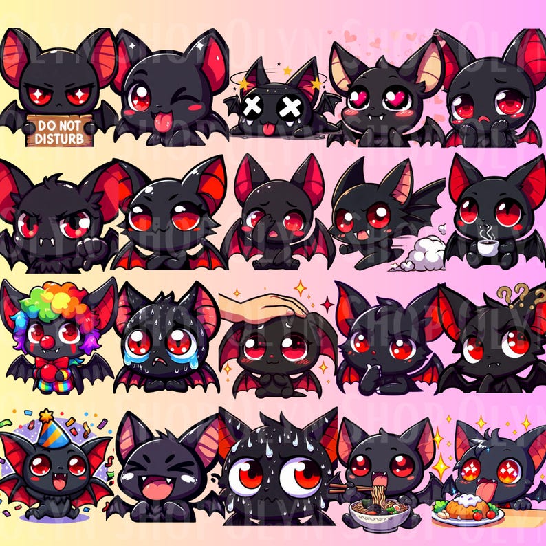 49x Chibi Black Bat Red Eyes EMOTES Pack Whatsapp | Twitch | Discord ...