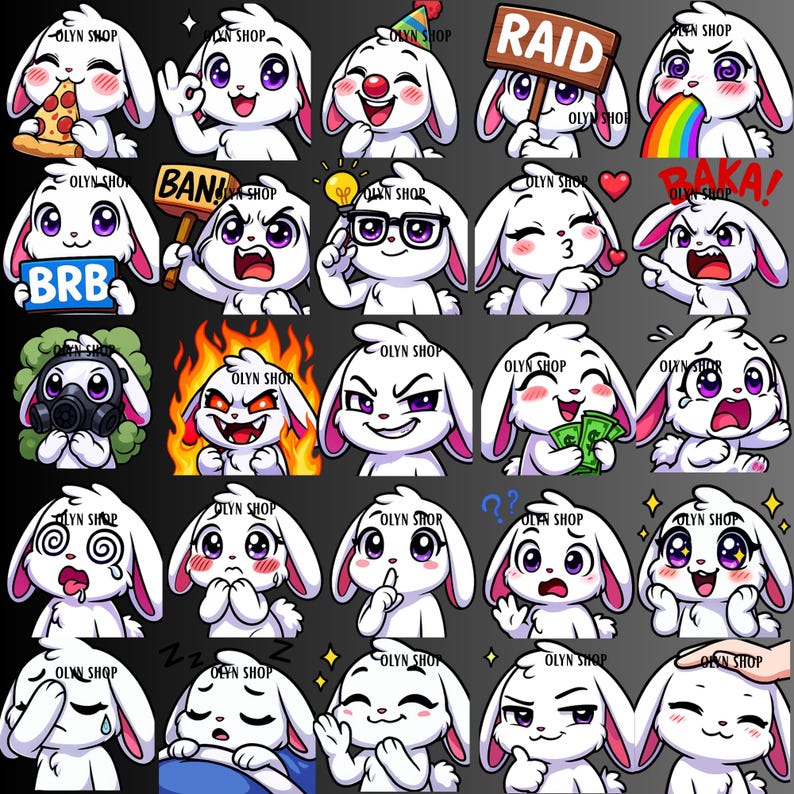 MEGA 66 Emote Emoji Bundle White BUNNY Whatsapp | Twitch | Discord ...