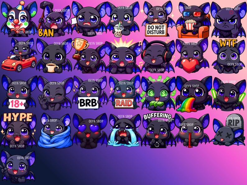 MEGA 64 Emote Emoji Bundle Chibi Black Bat for Twitch, Discord, Kick ...
