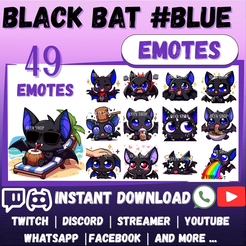 49x Chibi Black Bat EMOTES Blue Pack Whatsapp | Twitch | Discord ...