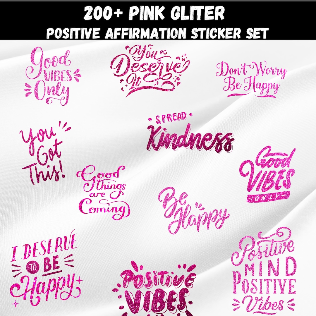 200 + Pink Glitter Stickers Positive Affirmation Motivational Quotes ...