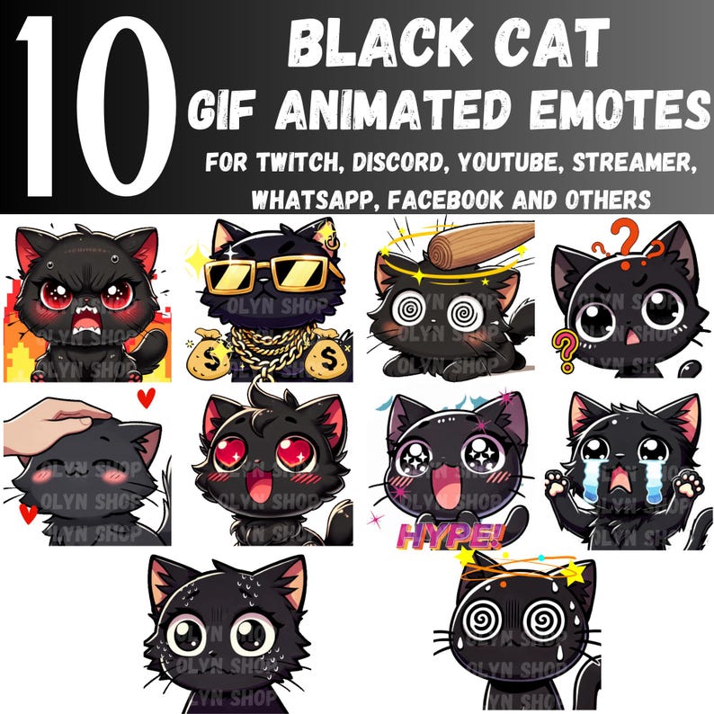 10x BLACK CAT ANIMATED Gif Emotes Emoji Pack Whatsapp | Twitch ...