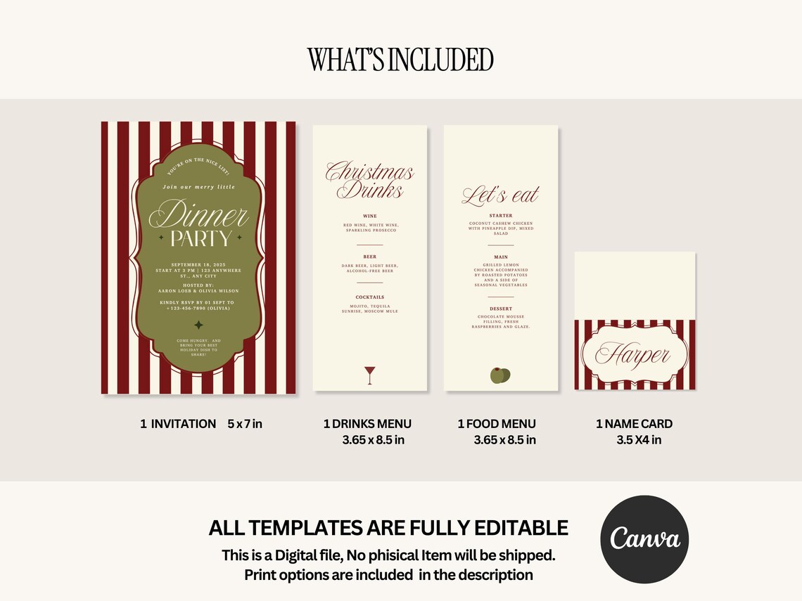 Dinner Party Invitation Template, Editable Christmas Card Bundle ...