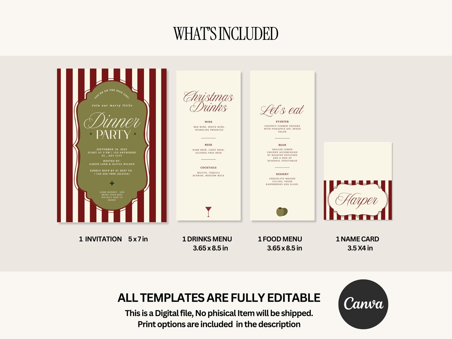Dinner Party Invitation Template, Editable Christmas Card Bundle ...