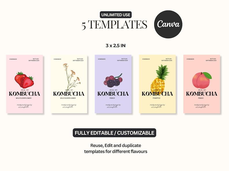 Personalized Kombucha Labels Editable in Canva - Printable Kombucha ...