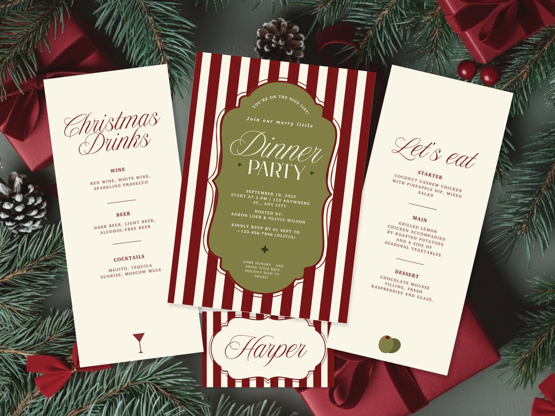 Dinner Party Invitation Template, Editable Christmas Card Bundle ...