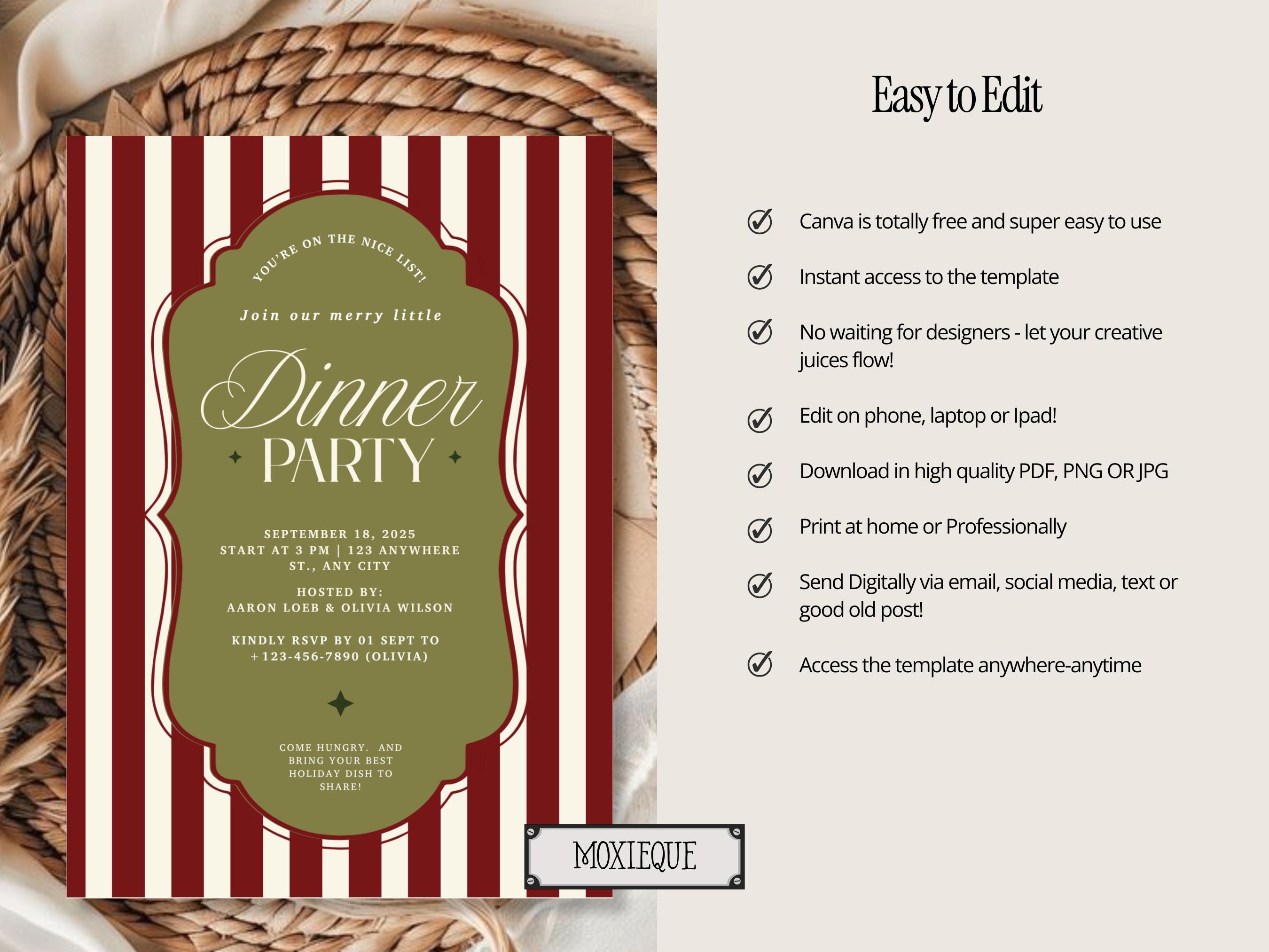 Dinner Party Invitation Template, Editable Christmas Card Bundle ...