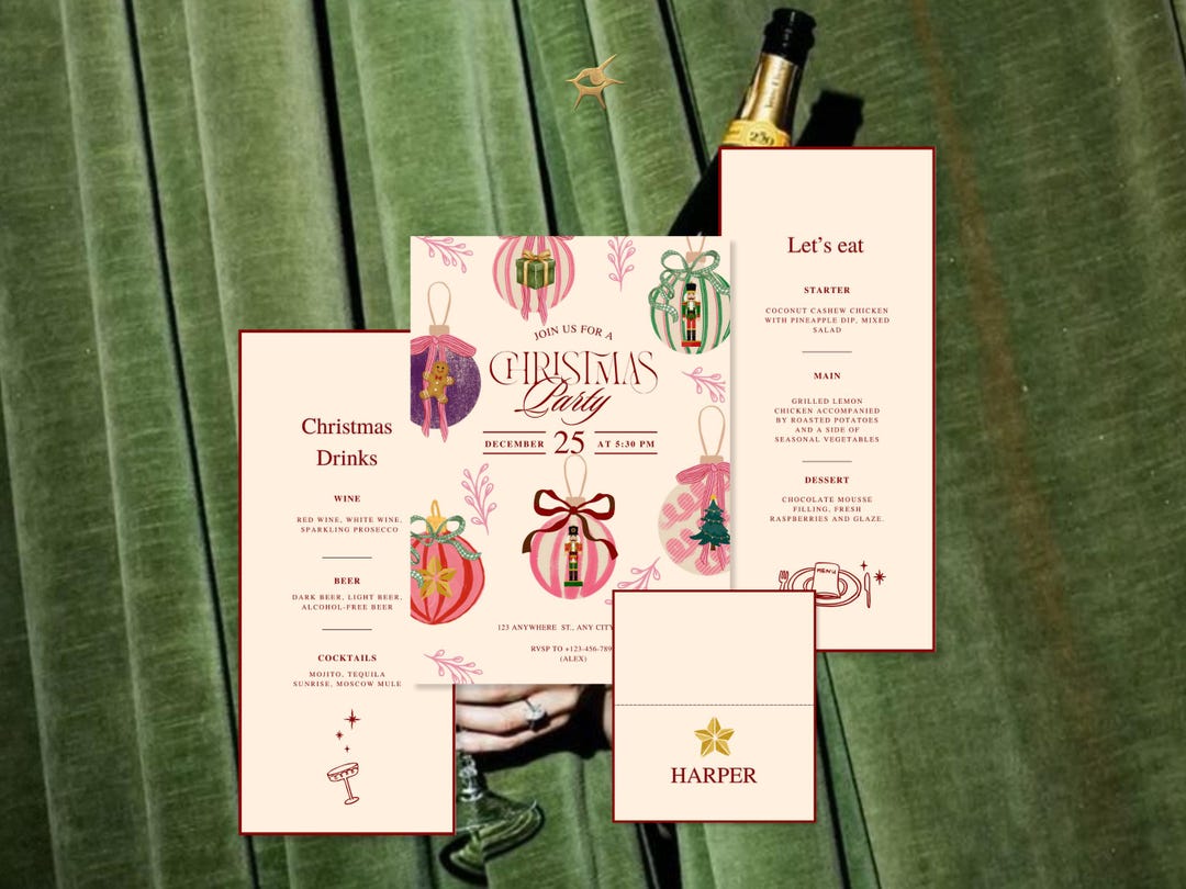 Preppy Christmas Dinner Invitation Template, Editable Pink Holiday ...