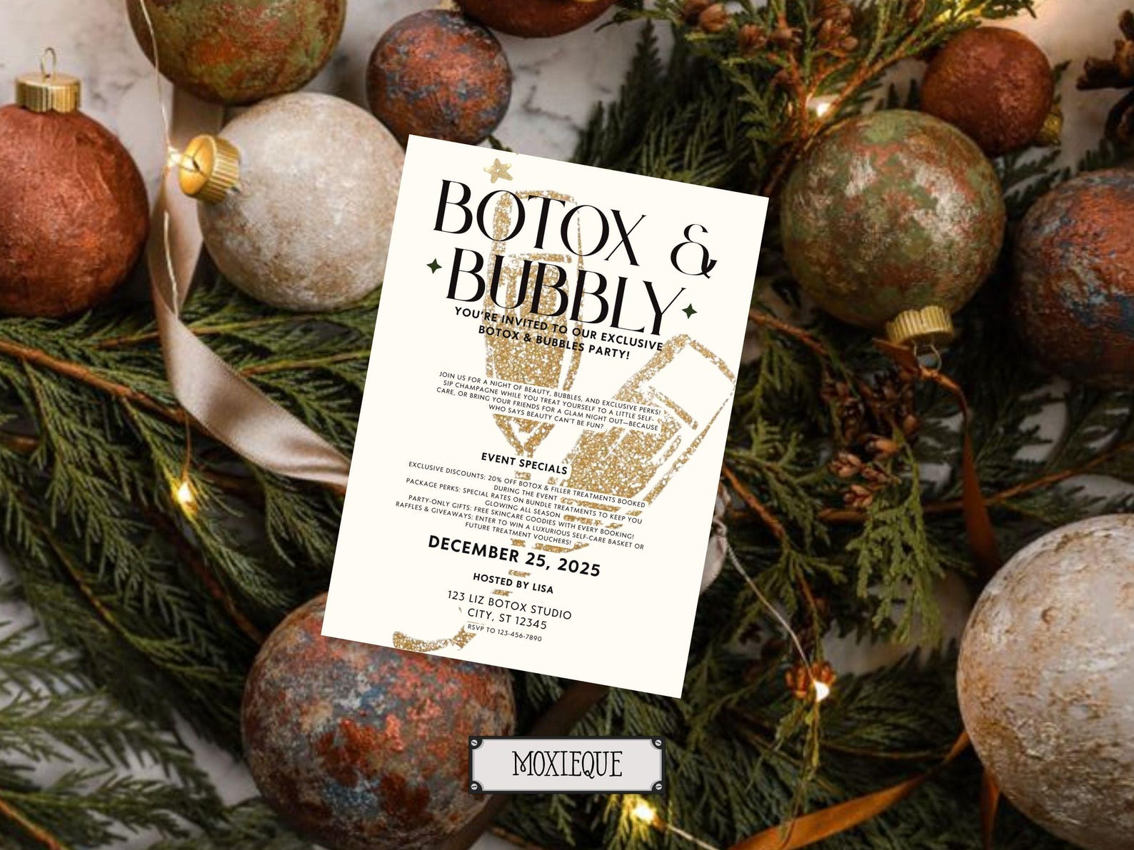 Christmas Botox & Bubbly Party Invite: Skin Clinic Flyer Template ...