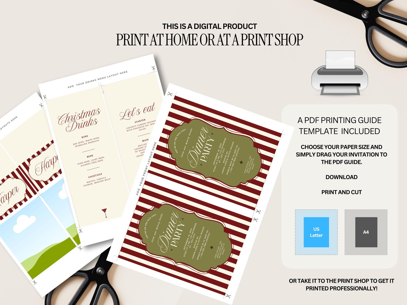 Dinner Party Invitation Template, Editable Christmas Card Bundle ...