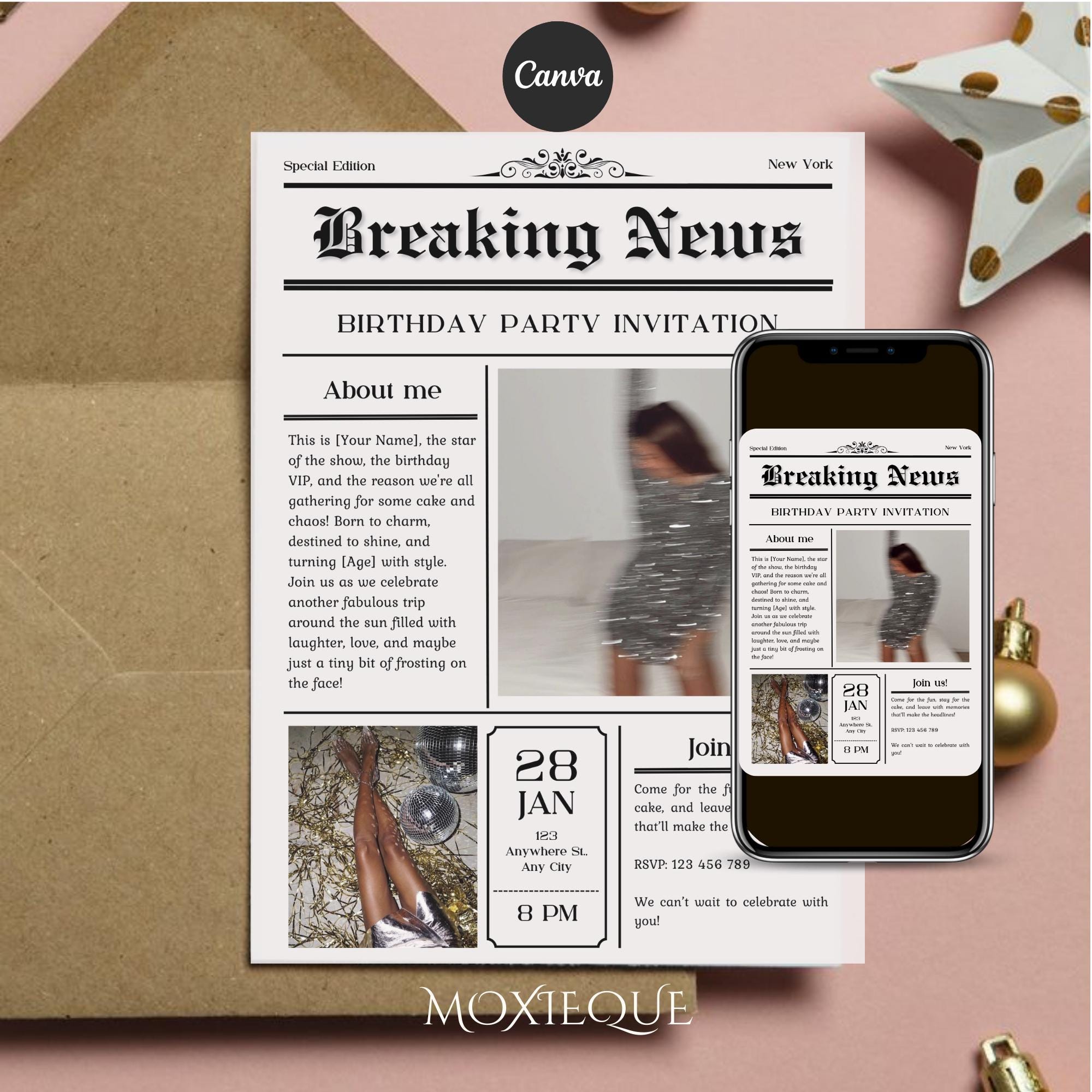 Birthday Party Invite Newspaper Retro Style, Newspaper Invite Digital ...