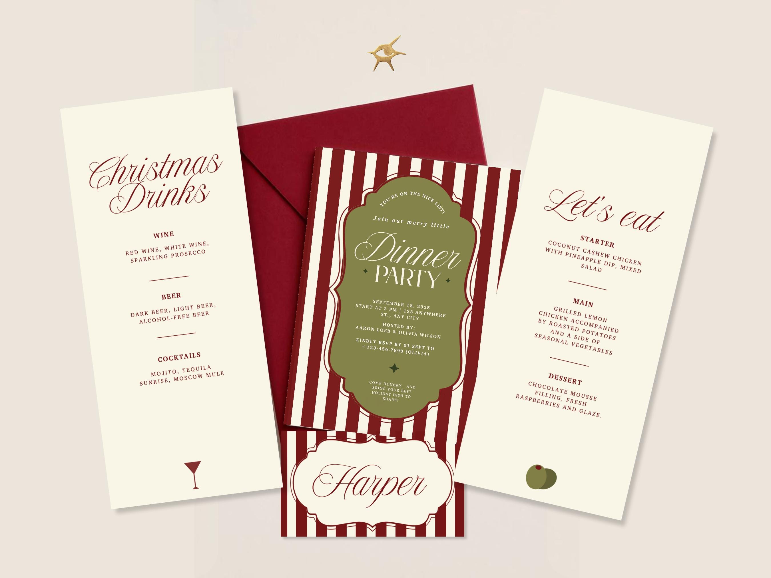Dinner Party Invitation Template, Editable Christmas Card Bundle ...