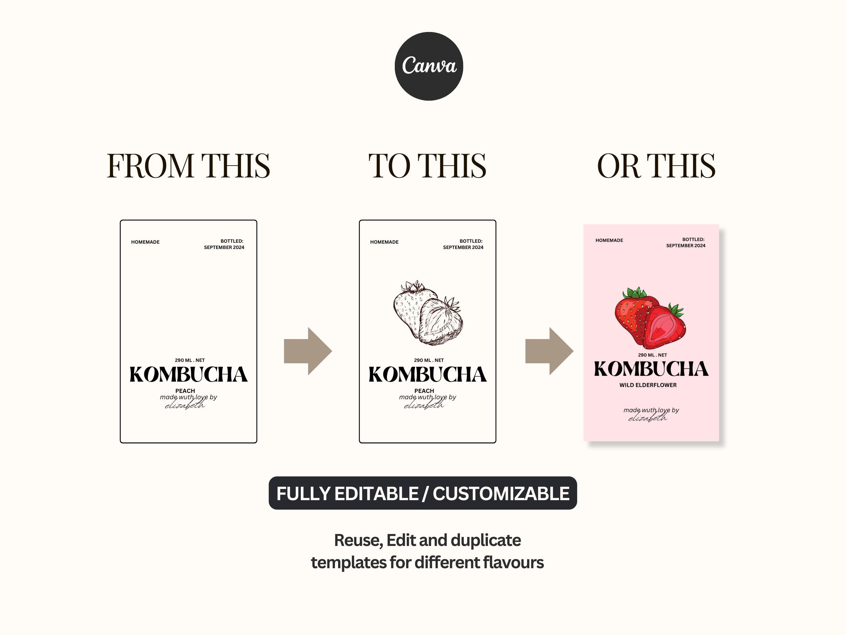 Personalized Kombucha Labels Editable in Canva - Printable Kombucha ...