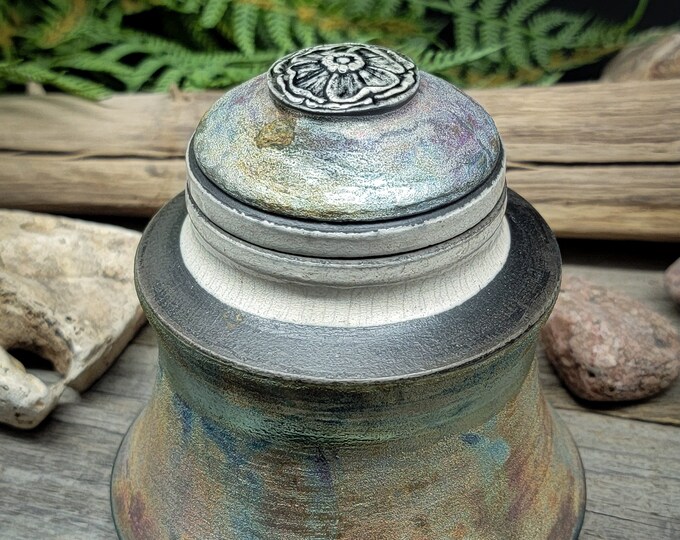 Raku Pottery Jar With Rose Seal Lid White and Copper Matte Glaze Corvus ...