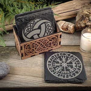 Viking Norse Slate Stone Coaster Set With Wooden Holder Box Tiles ...