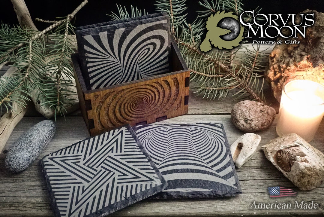 Hypnosis Optical Illusion Slate Coaster Set With Wooden Box Psychology ...