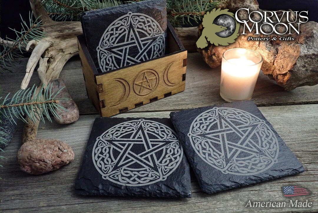 Pentagram Coaster Set With Wooden Holder Box Slate Stone Witchcraft ...