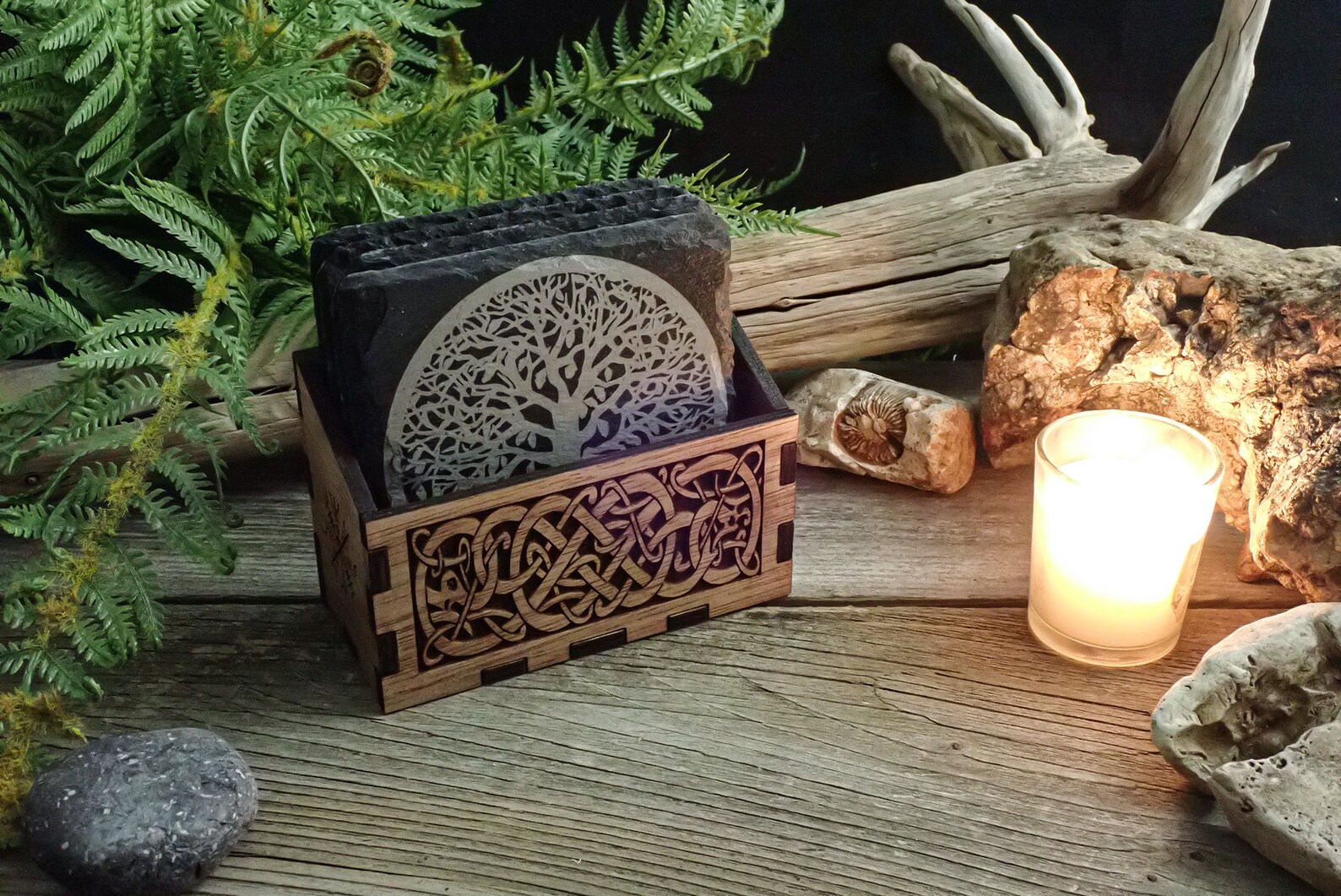 Viking Norse Slate Stone Coaster Set With Wooden Holder Box Tiles ...