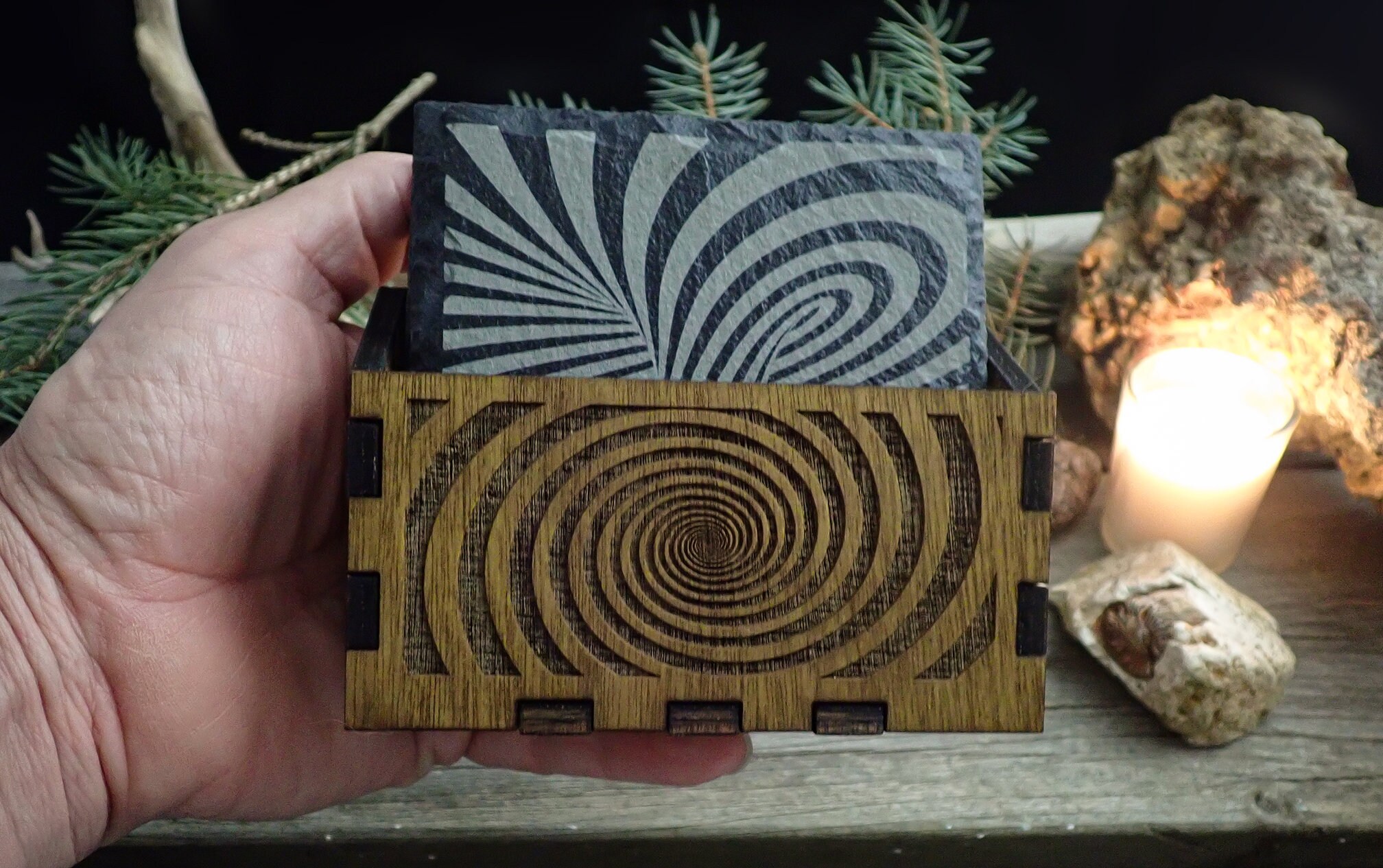 Hypnosis Optical Illusion Slate Coaster Set With Wooden Box Psychology ...