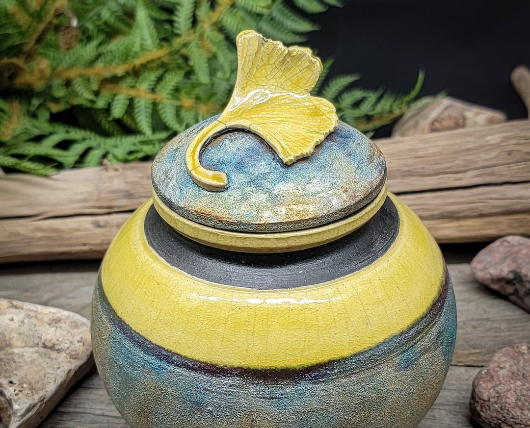 Ginkgo Leaf Lidded Jar Raku Pottery With Yellow and Copper Matte Glaze ...