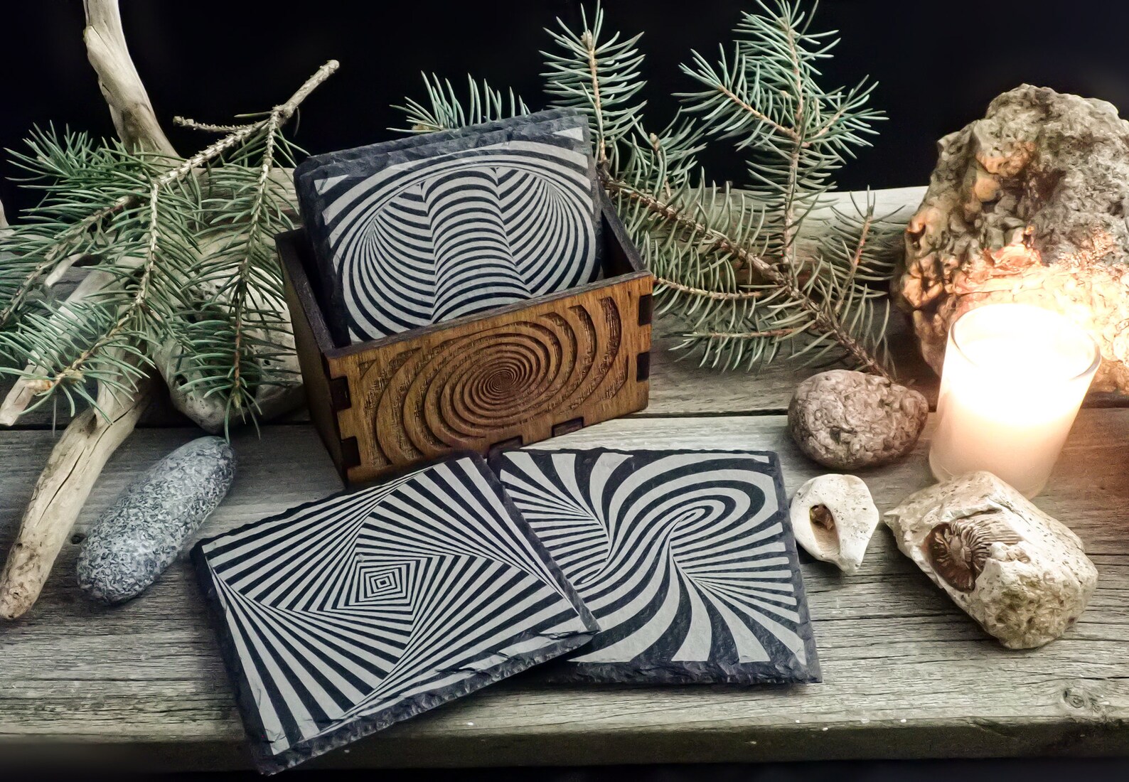Hypnosis Optical Illusion Slate Coaster Set With Wooden Box - Etsy