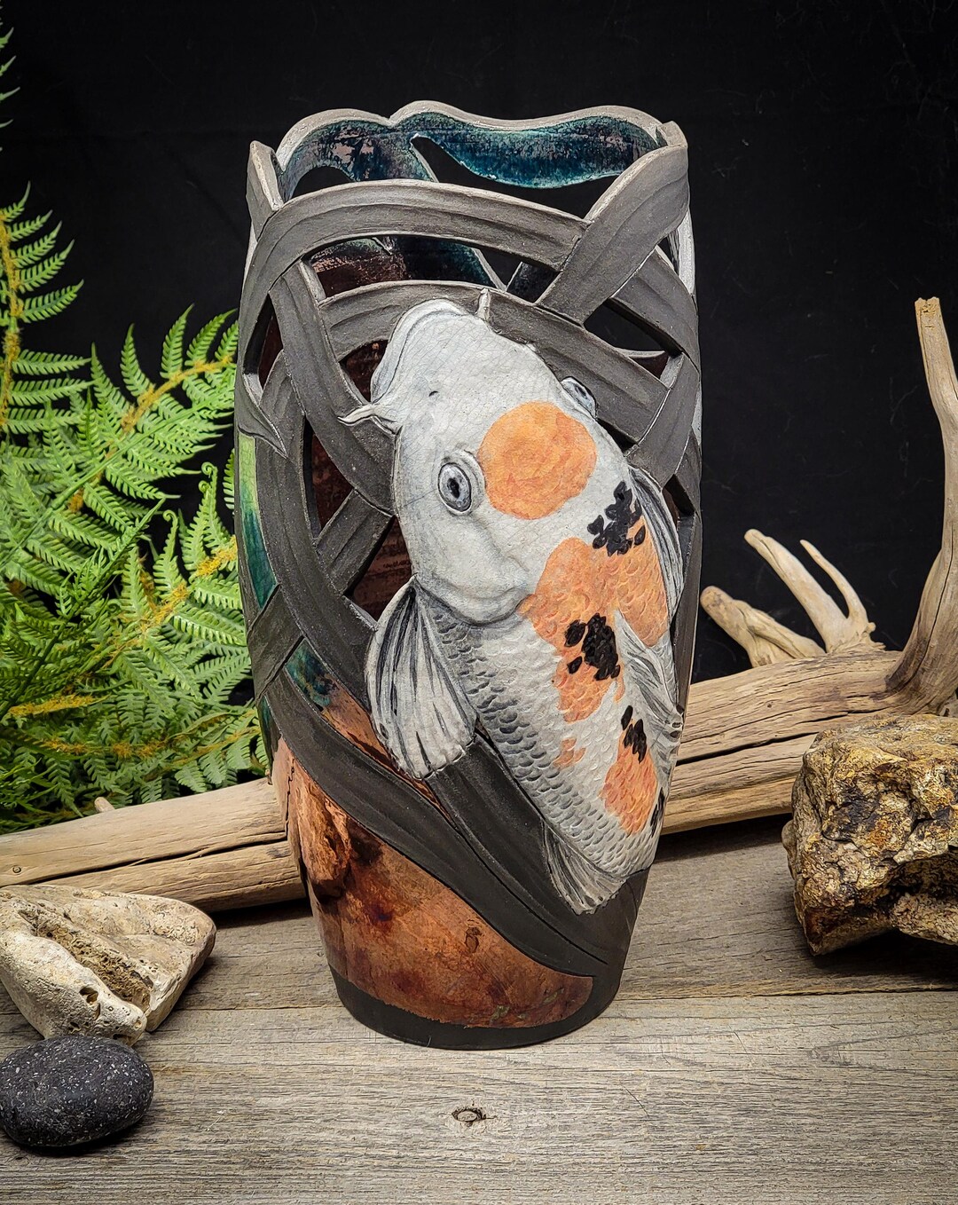 Hand Carved and Painted Pierced Koi Fish Vase Raku Pottery With Copper ...