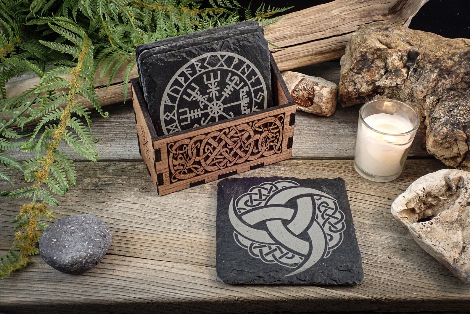 Viking Norse Slate Stone Coaster Set With Wooden Holder Box | Etsy