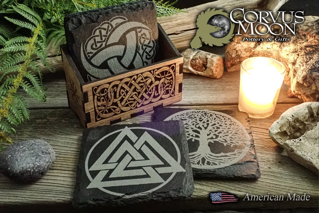 Viking Norse Slate Stone Coaster Set With Wooden Holder Box Tiles ...