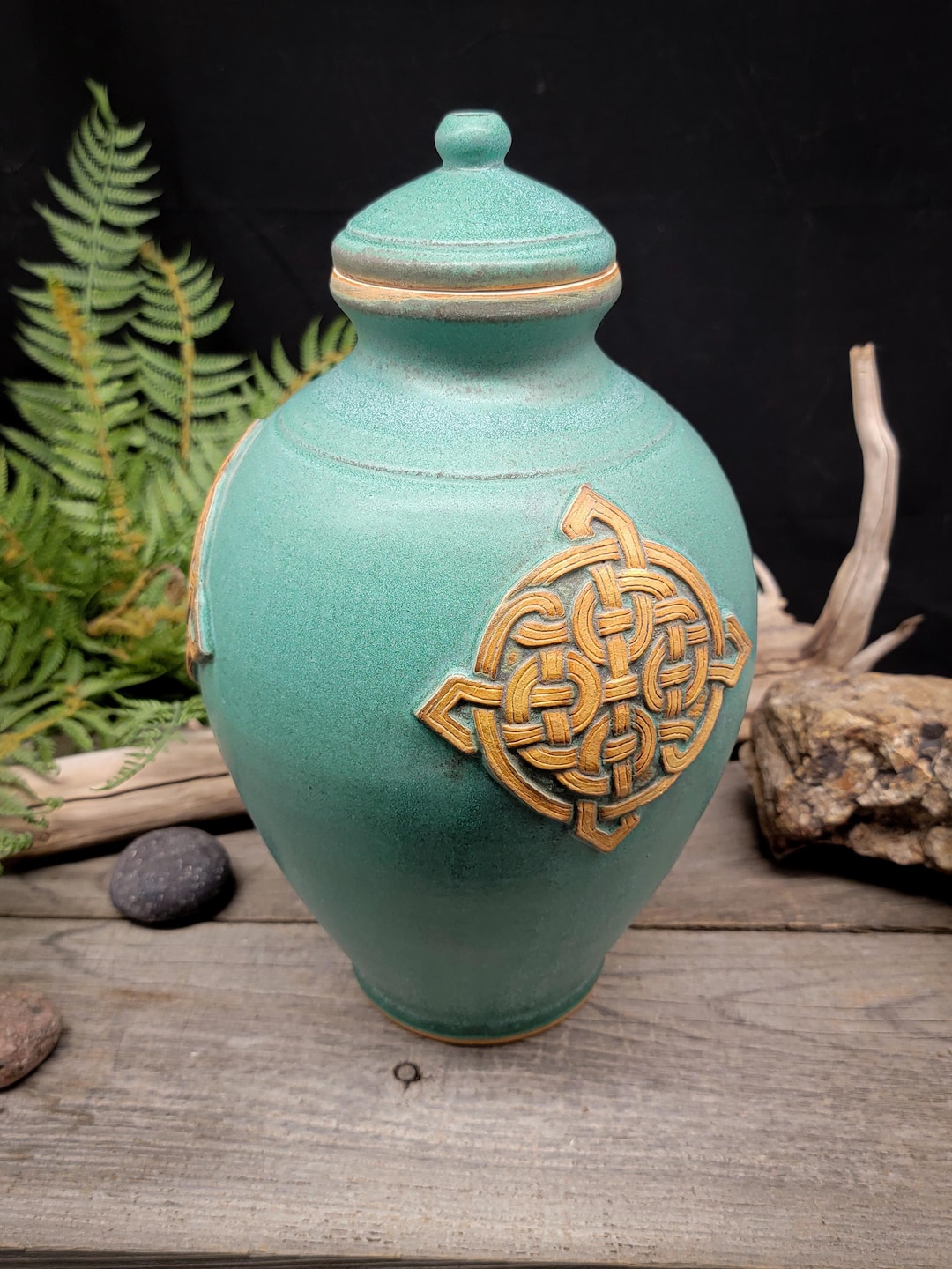 Funerary Cremation Urn Jar With Celtic Knot Work Stoneware Pottery With ...