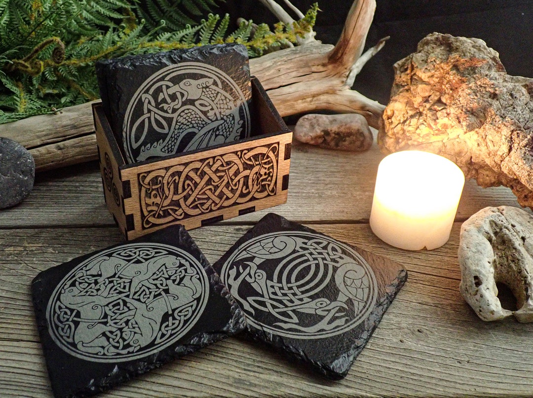 Celtic Slate Stone Coaster Set With Wooden Holder Box Tiles ...
