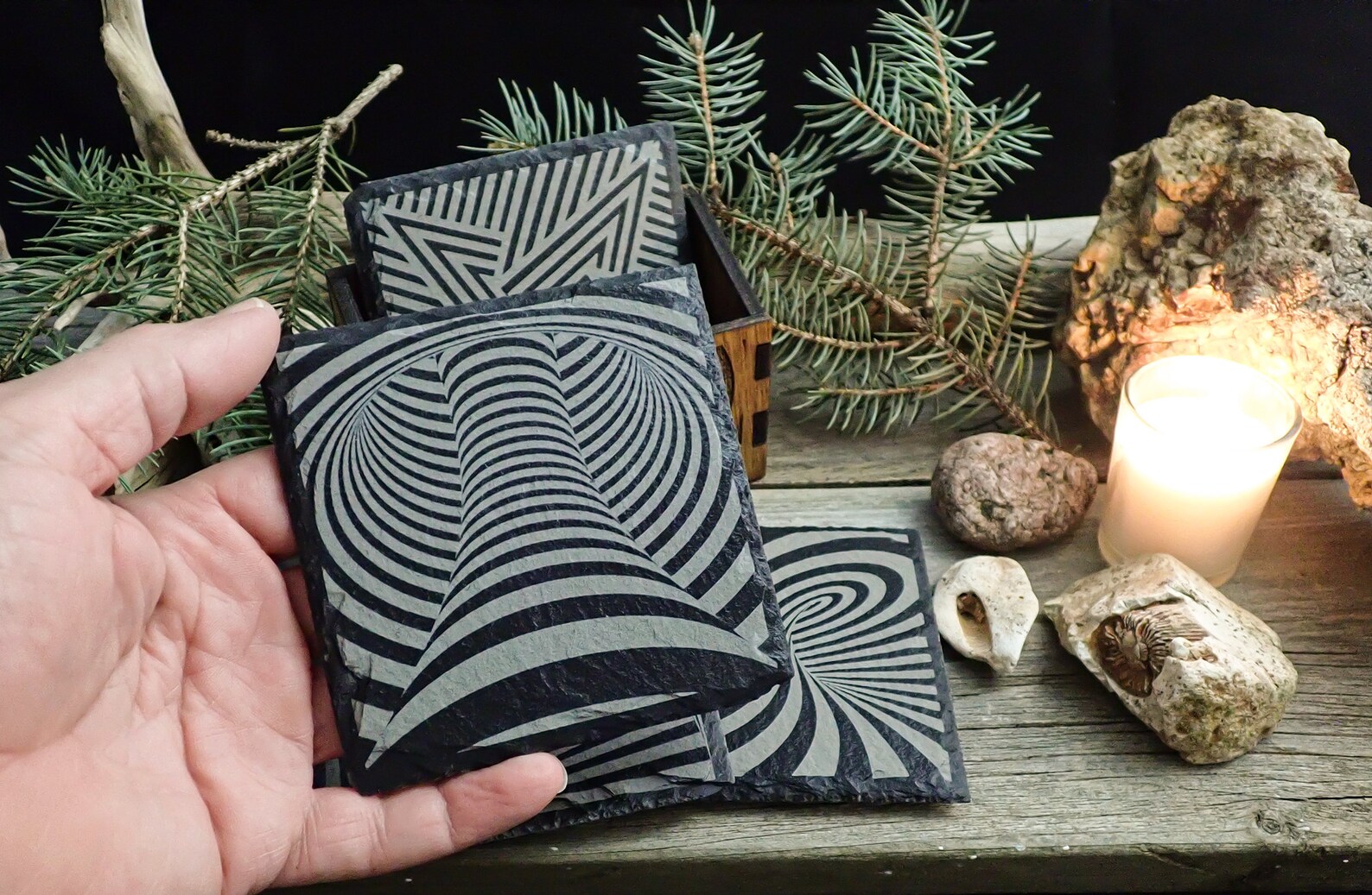 Hypnosis Optical Illusion Slate Coaster Set With Wooden Box - Etsy