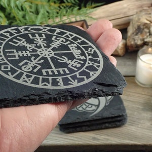 Viking Norse Slate Stone Coaster Set With Wooden Holder Box Tiles ...