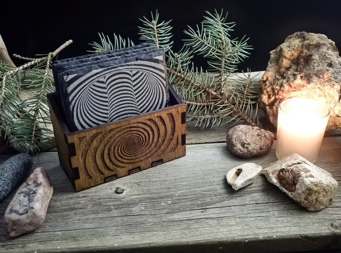 Hypnosis Optical Illusion Slate Coaster Set With Wooden Box - Etsy