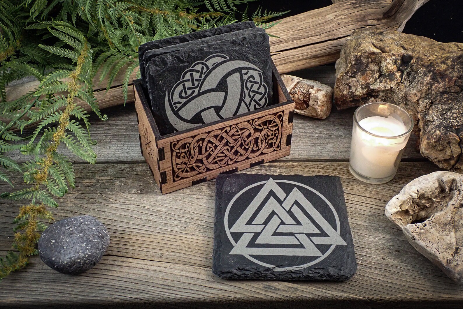Viking Norse Slate Stone Coaster Set With Wooden Holder Box - Etsy