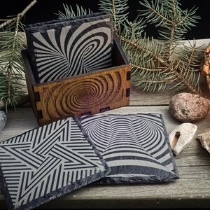 Hypnosis Optical Illusion Slate Coaster Set With Wooden Box Psychology ...