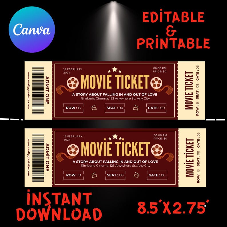 Movie Night Ticket, Editable Movie Ticket Template Canva, Events ...