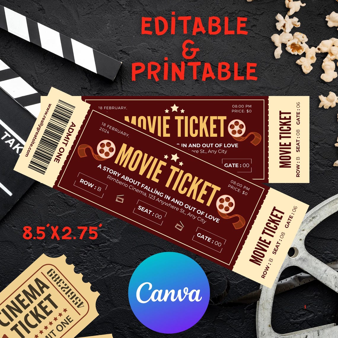 Movie Night Ticket, Editable Movie Ticket Template Canva, Events ...