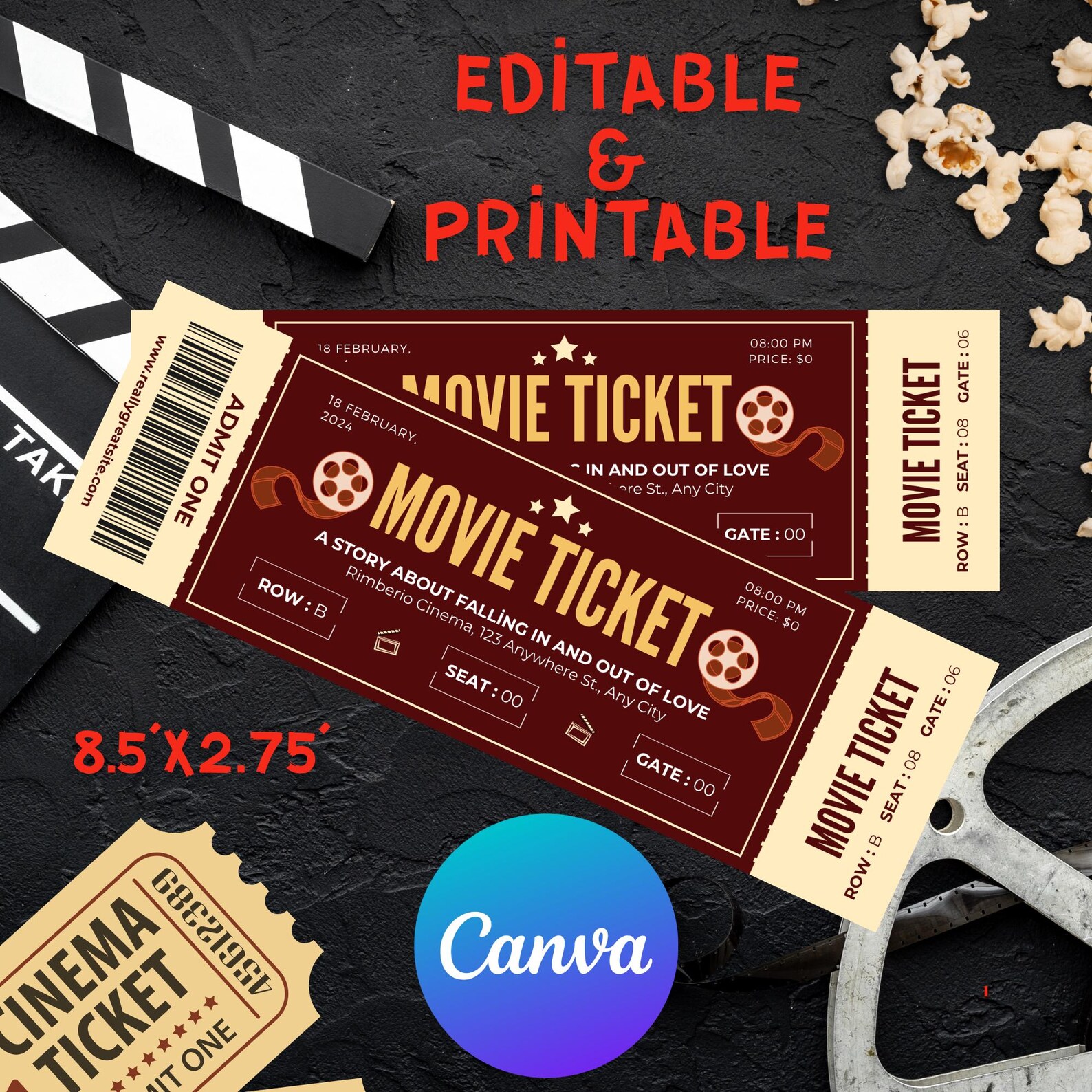 Movie Night Ticket, Editable Movie Ticket Template Canva, Events ...
