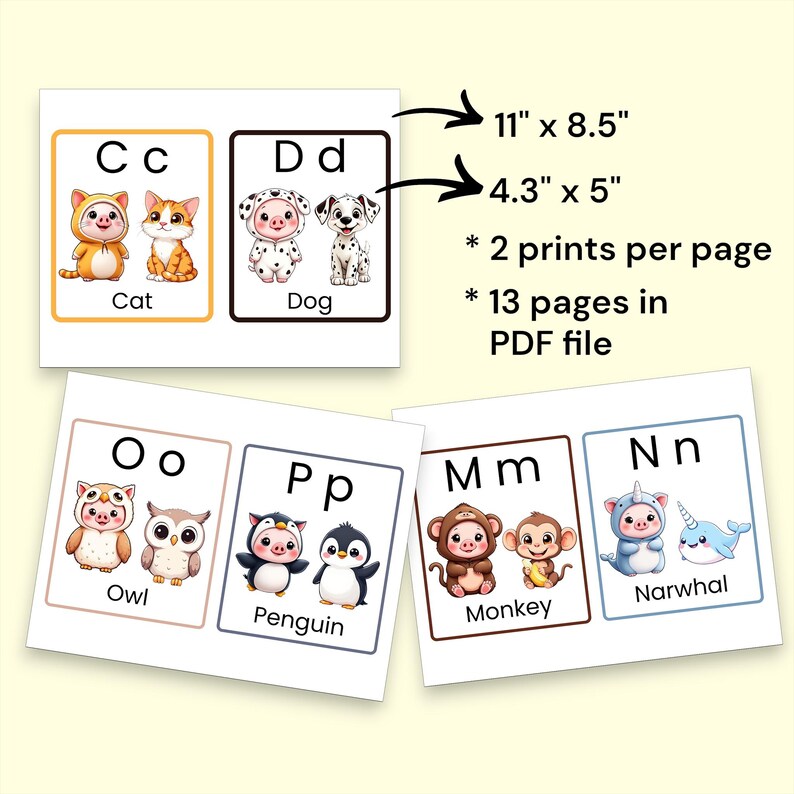 Preschool Alphabet Flashcards With Cute Animal Letter Learning Cards ...