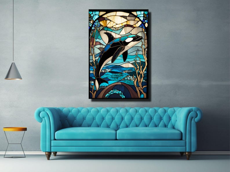 Orca Stained Glass Pattern Window Panel, Stain Glass Art Decor Gift ...