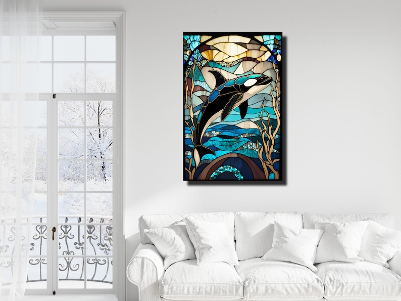 Orca Stained Glass Pattern Window Panel, Stain Glass Art Decor Gift ...