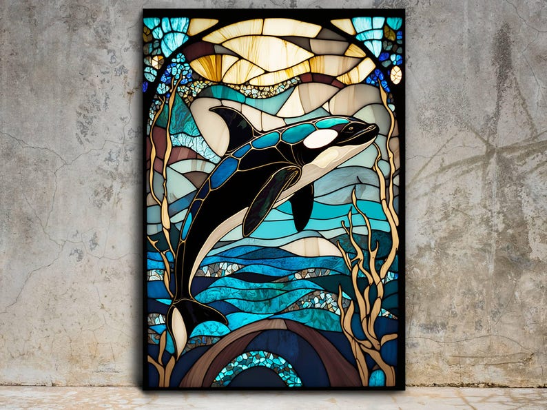 Orca Stained Glass Pattern Window Panel, Stain Glass Art Decor Gift ...