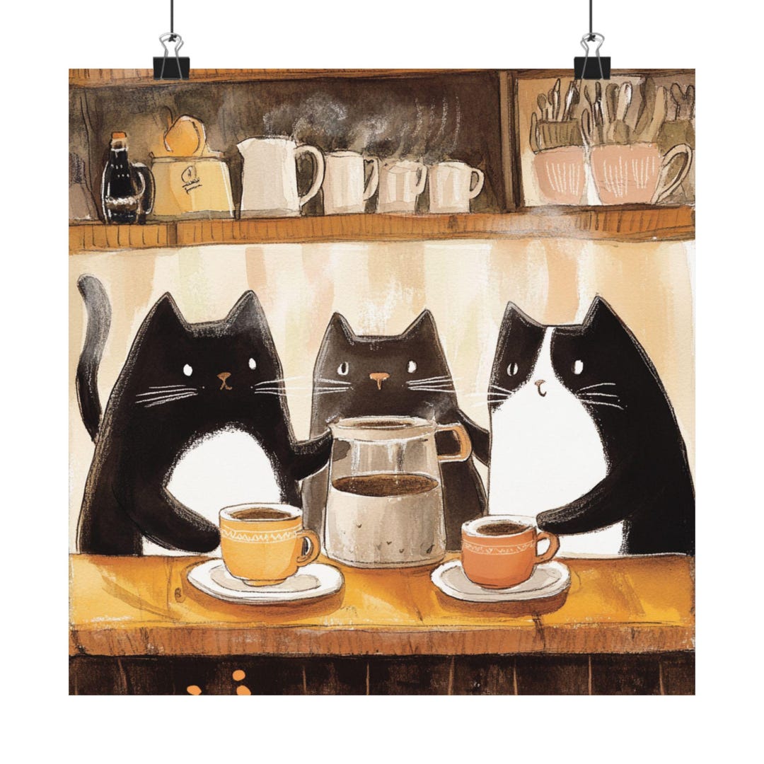 Cats Cafe Matte Posters, Black Cat Hot Chocolate Coffee Print, Cozy Cat ...