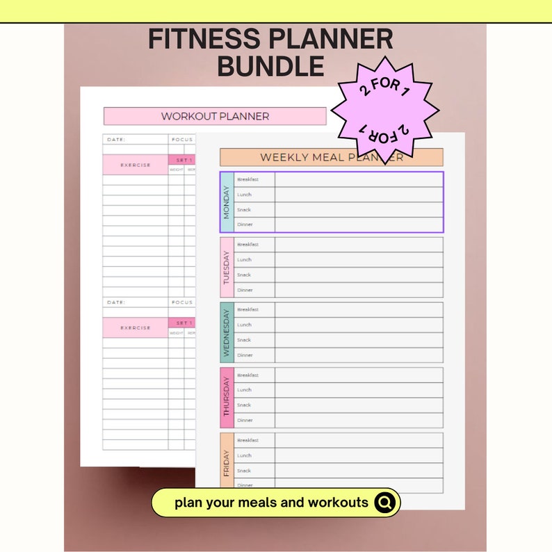Meal and Workout Planner Bundle Weekly Meal Menu & Fitness Planner DIY ...
