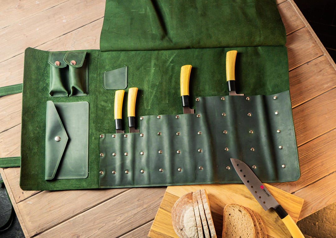 Green Leather Knife Roll, Personalized Knife Bag for Culinary Experts ...