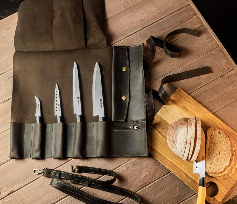 Personalized Brown Leather Tool Roll for Chefs, Chef Knife Bag, Leather ...