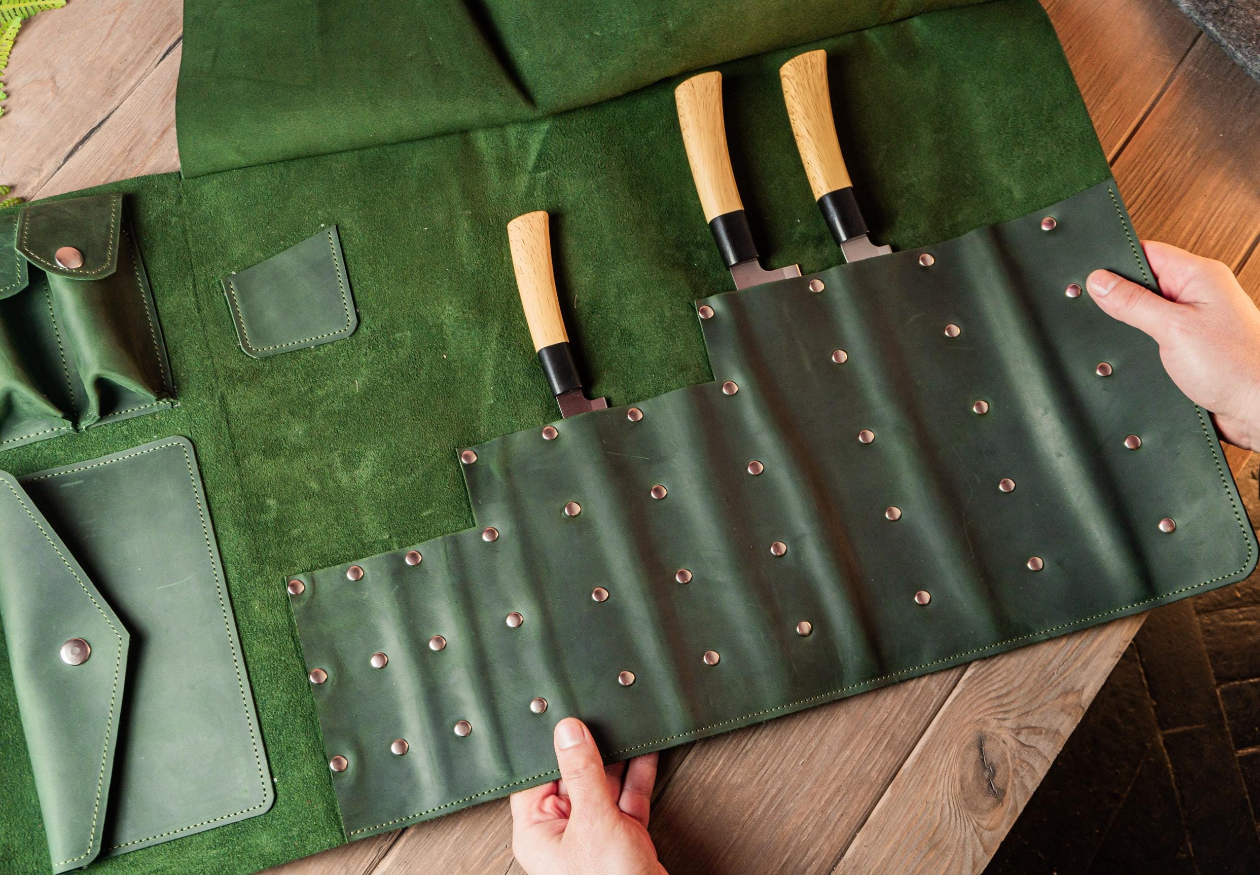 Green Leather Knife Roll, Personalized Knife Bag for Culinary Experts ...