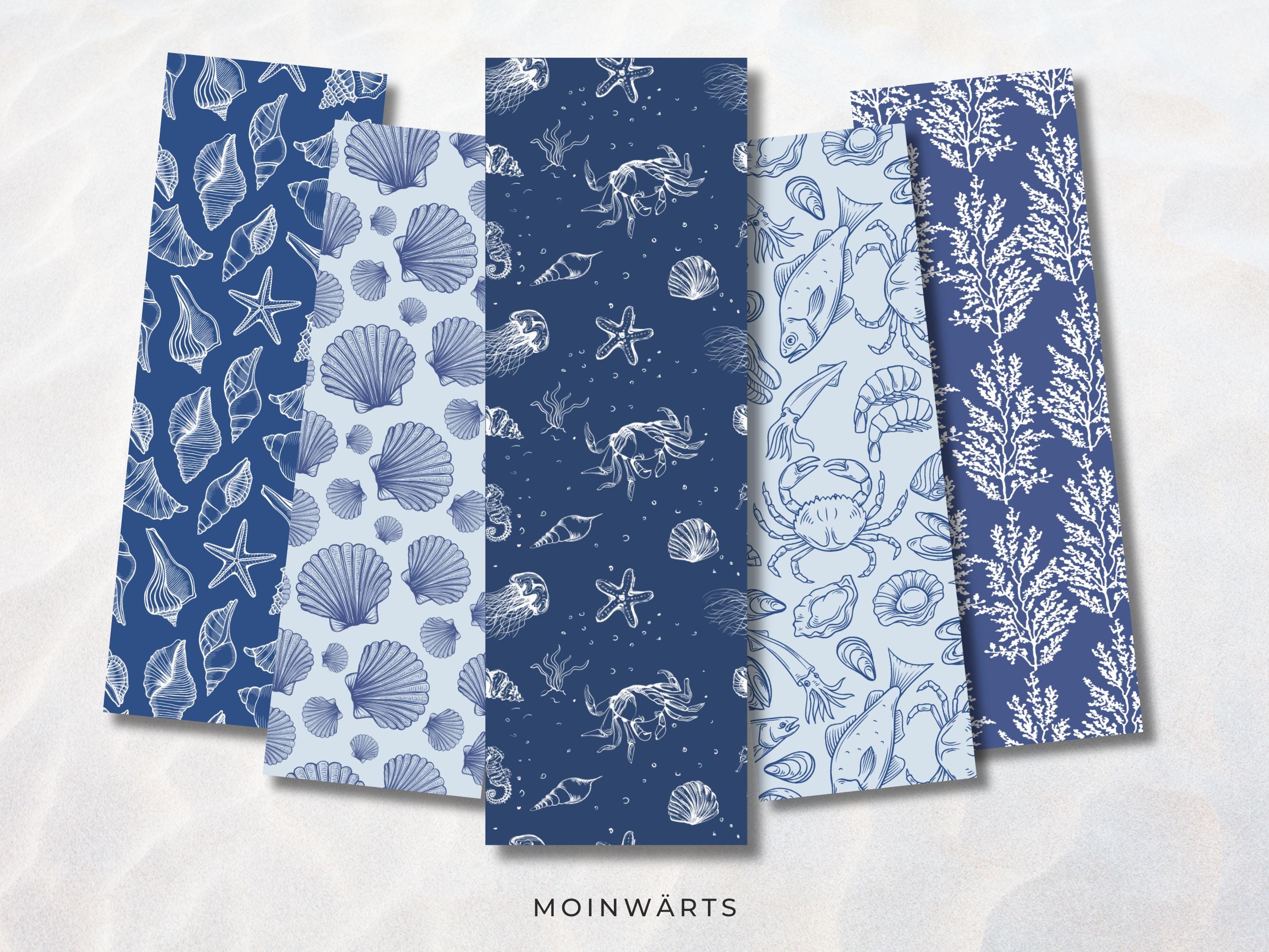 Printable Nautical Bookmarks | 5 Blue Coastal Patterns With Seashells ...