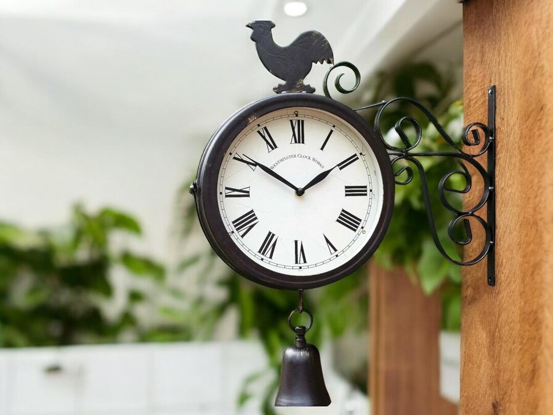 Retro Outdoor Garden Double-sided Station Clock Retro Cockerel Wall ...