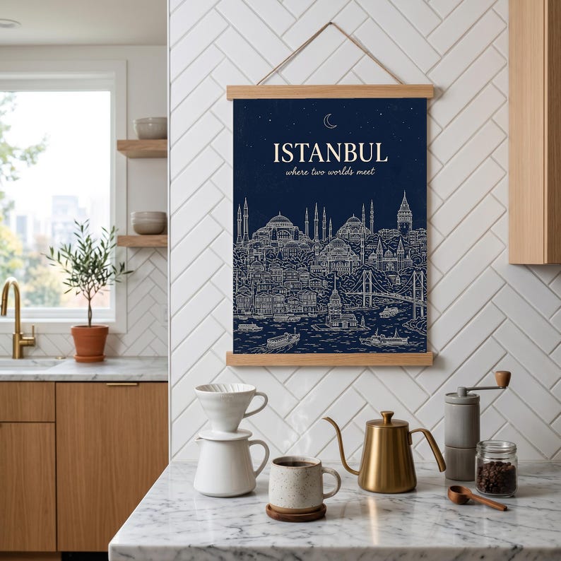 Istanbul City Line Art Print, Vintage Bosphorus Skyline Turkish Decor ...